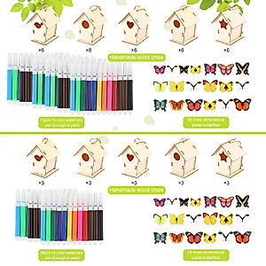 Outus Wooden DIY Craft Doodle Small Bird House Set Include Unfinished Wood Mini Bird House to Paint and Watercolor Paint Pen and 3D Butterfly Wall Sticker Decals for Kids Adults (15 Sets)