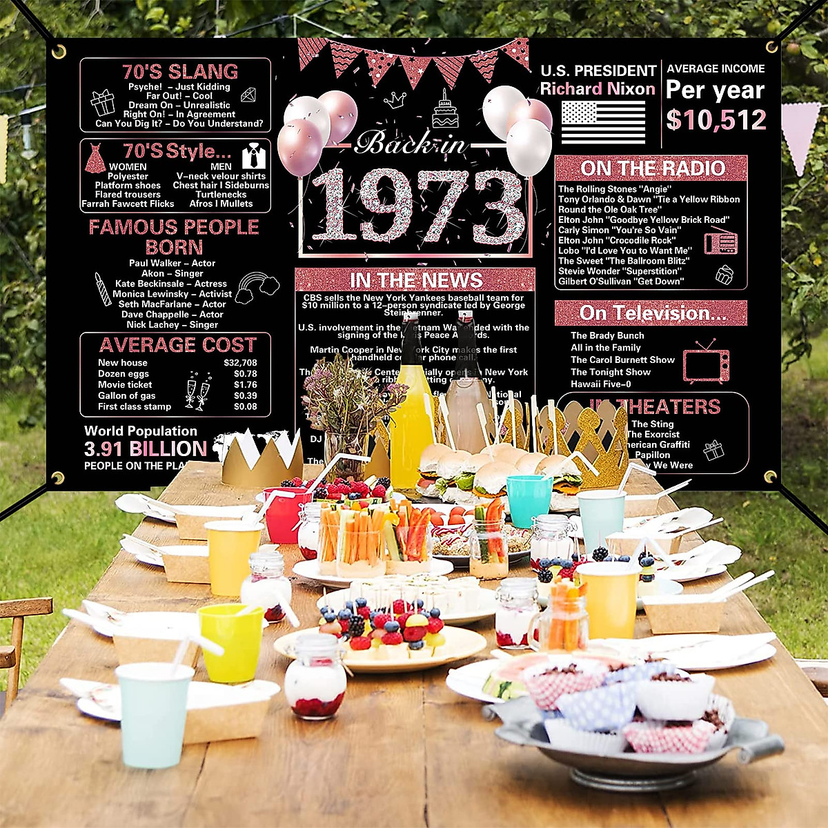 Crenics Rose Gold 50th Birthday Decorations for Women, Vintage Back in 1973 Birthday Backdrop Banner, Large 50 Years Old Birthday Anniversary Poster Photo Background Party Supplies, 5.9 x 3.6 Ft