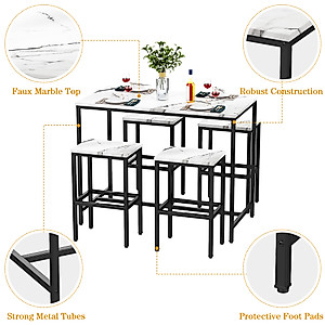 Aklaus 5 Piece Bar Table Set Kitchen Dining Table Set for 4 Modern Counter Height Bar Table with Bar Stools Set of 4 Faux Marble Top Pub Table and Stools for Dining Room Breakfast Nook Home Bar