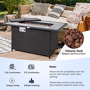 Tangkula 52 Inches Wicker Patio Propane Fire Pit Table, Patiojoy 50,000 BTU Outdoor Gas Fire Table with Auto-Ignition, Hideaway Tank Holder, Marble Tabletop, Lava Rocks, Protective Cover and Lid