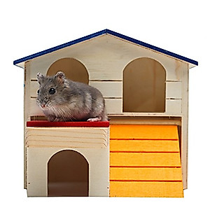 Hamiledyi Pet Small Animal Hideout Hamster House Deluxe Two Layers Wooden Hut Play Toys Chews