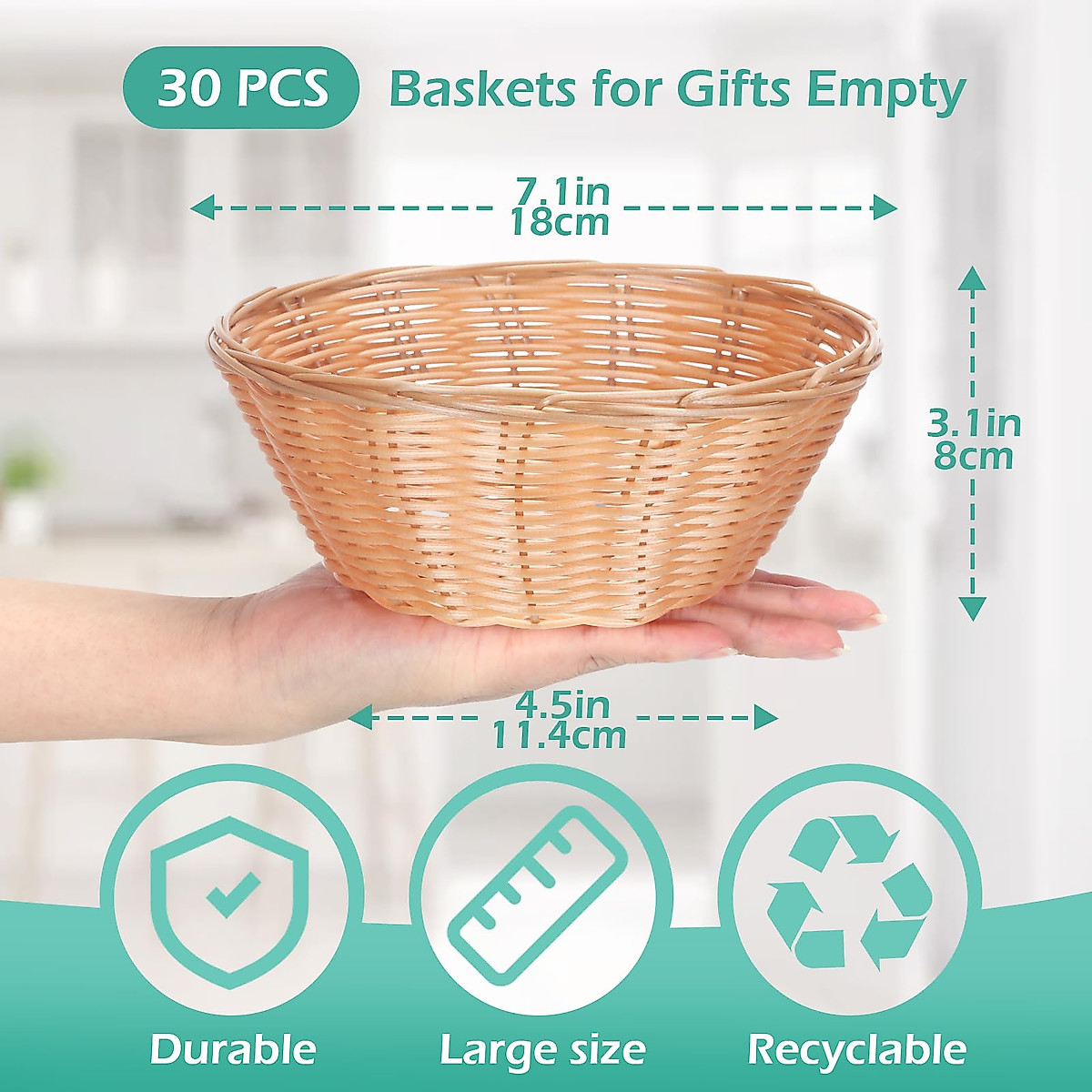 Amyhill 30 Pcs Woven Bread Baskets Bulk 7 Inch Plastic Round Baskets for Serving Small Gift Baskets Empty Food Storage Basket for Fruit Vegetables Party Kitchen Restaurant Display