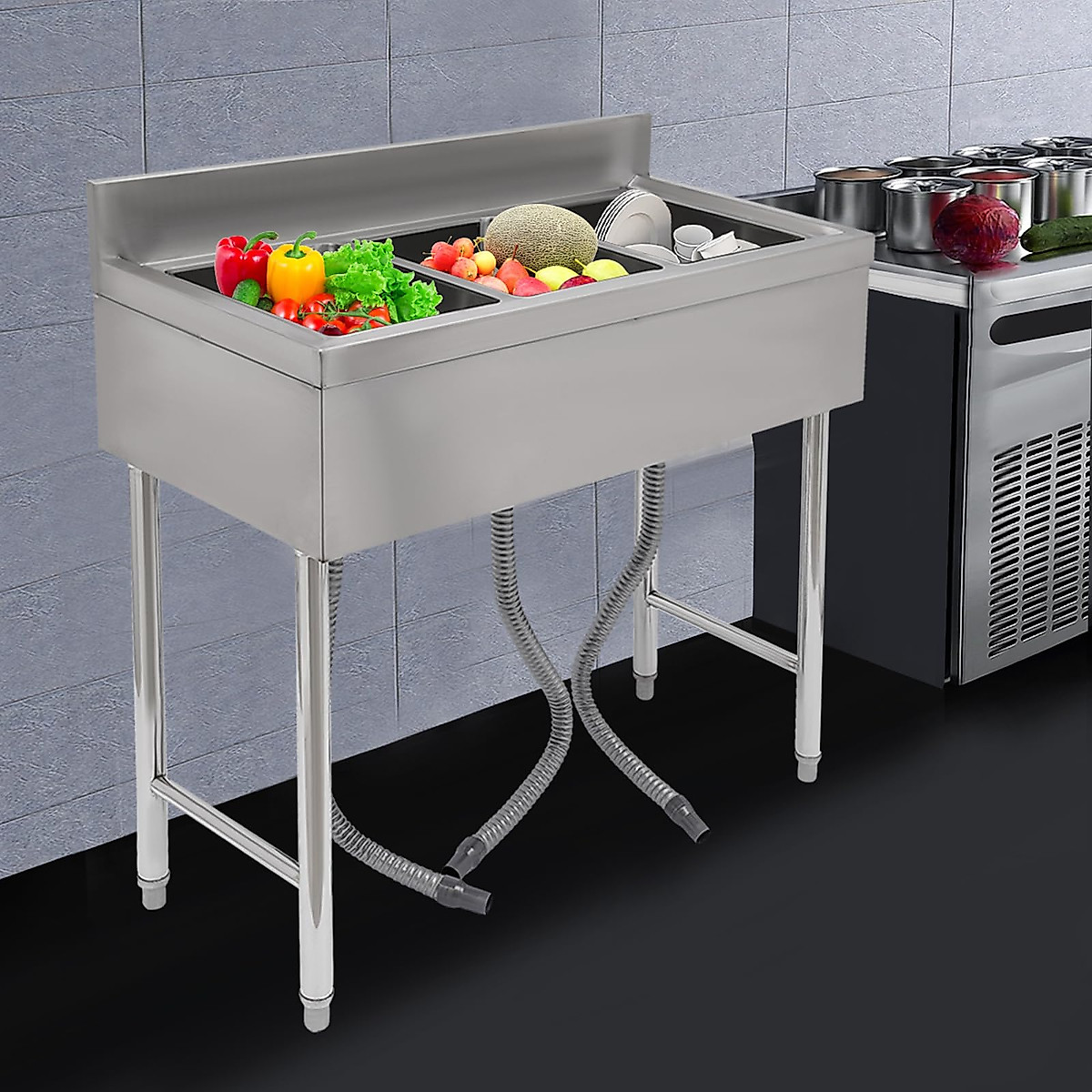 TBVECHI Free Standing Stainless Steel Kitchen Sink, Three Bowls Commercial Restaurant Utility Sink Set w/Hot and Cold Water Faucet, Prep & Utility Washing Hand Basin Sink w/Workbench Indoor Outdoor