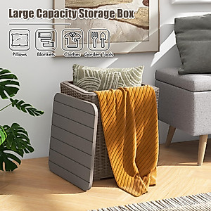 Tangkula 11.5 Gallon Water-proof Deck Box, Outdoo Patio Storage Box w/Removable Lid &, Faux Rattan Storage Container Side Table, All Weather Patio Furniture Extra Seat for Poolside (Brown)