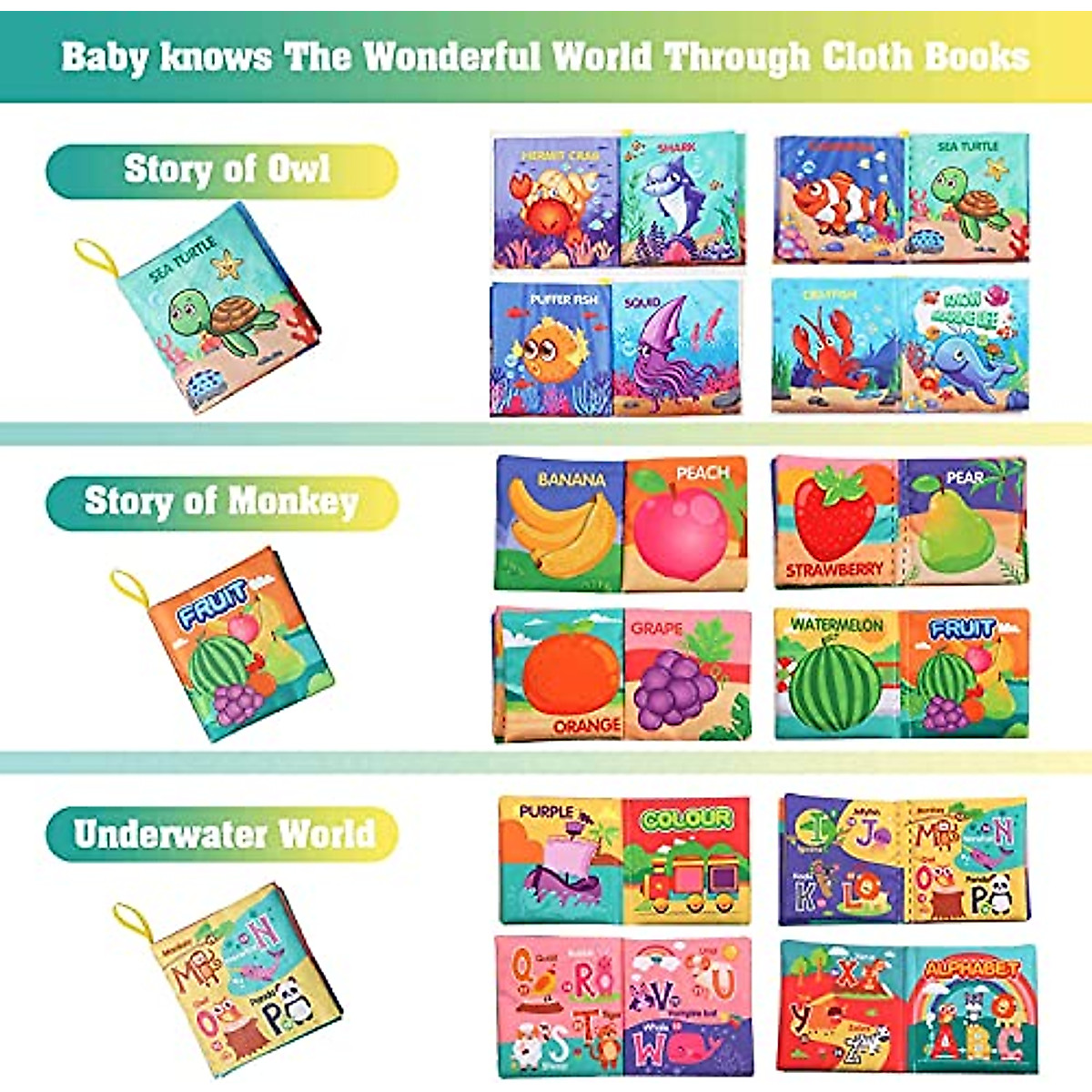 Baby Soft Book Cloth Books, Touch and Feel Books Early Education Toys for Babies, Infant Books Bath Book Christmas Toys Gifts for 0-3 3-6 6-12 12-18 Months 1-2 Year Old Boys Girls (Set of 7)