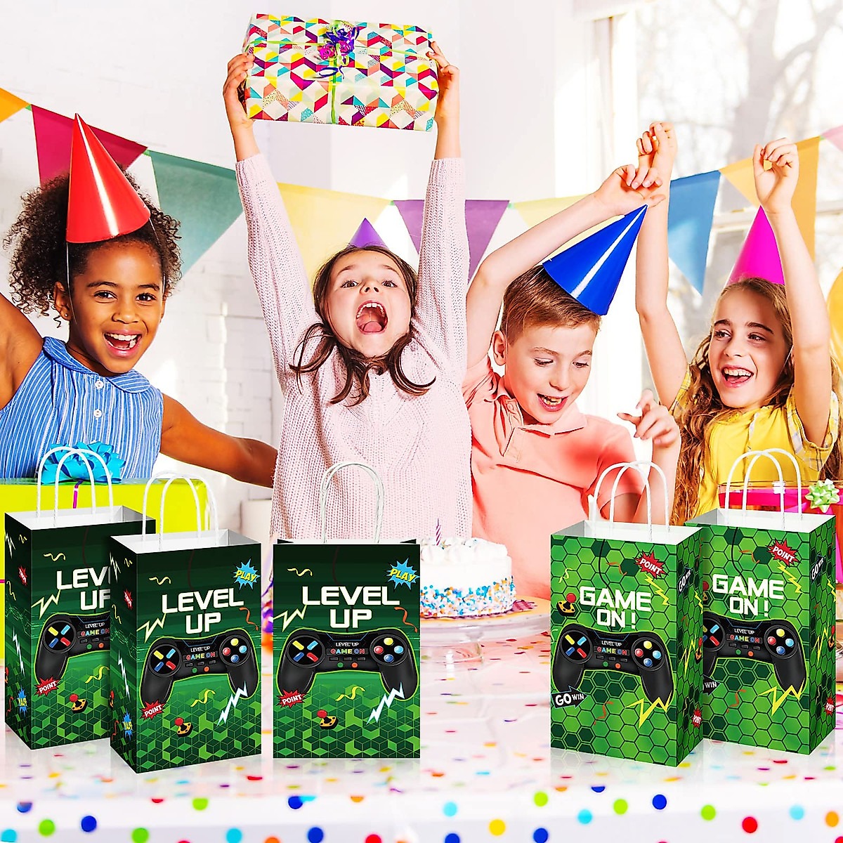 Crtiin 30 Pcs Video Game Party Gift Bags Gamer Theme Party Supplies Level up Game Paper Handbag Goodie Bag with Handle Gaming Party Favors for Girl Boy Birthday Party Decor (Dark Green, Light Green)