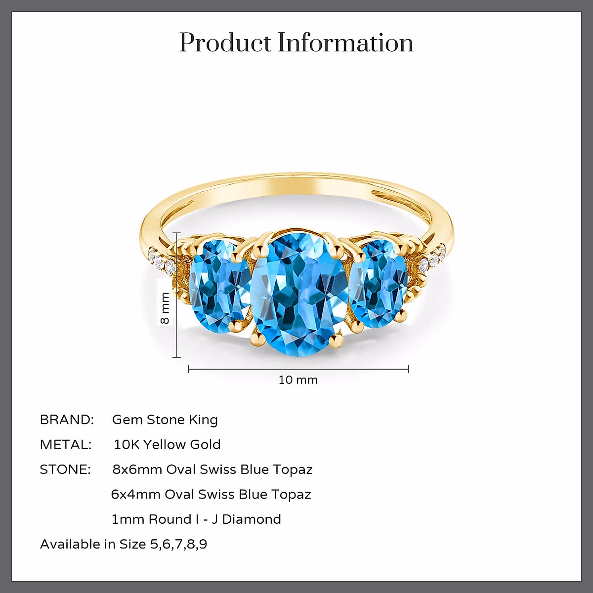 Gem Stone King 10K Yellow Gold Oval Swiss Blue Topaz 3 Stone Ring For Women (2.64 Cttw, Gemstone Birthstone) (Size 8)