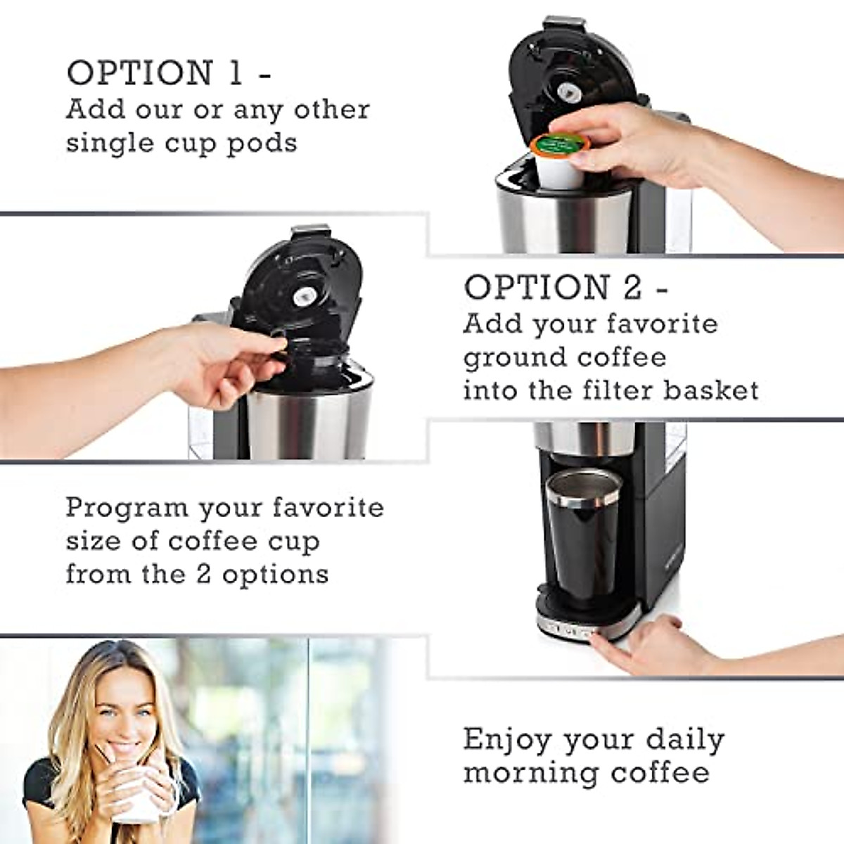 Mixpresso Coffee Maker Single Serve For Ground Coffee & Compatible With K Cup Pods, With 14oz Travel Mug & Reusable Filter For Home, Office & Camping, 30oz Removable Water Tank.