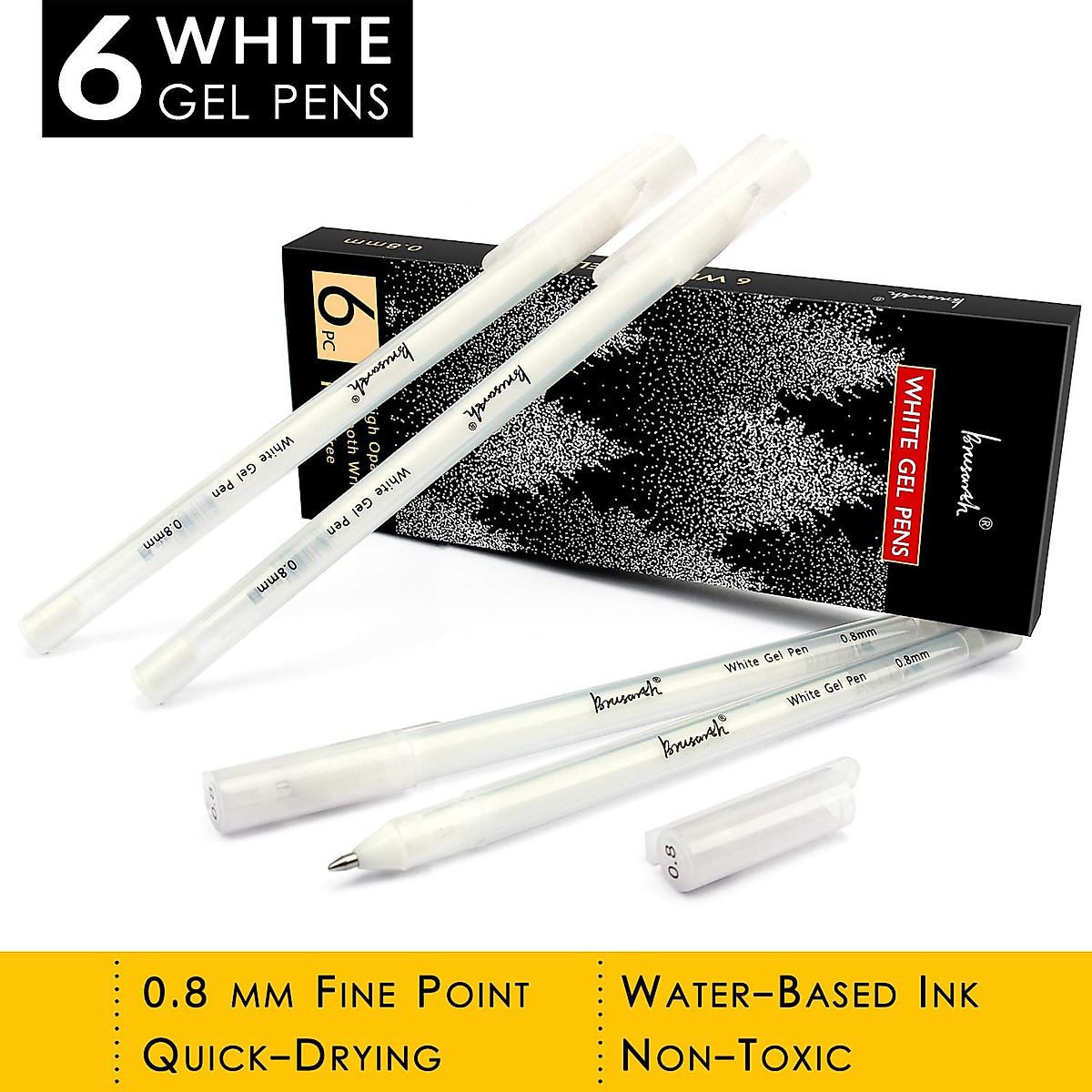 White Gel Pen Set - 0.8 mm Extra Fine Point Pens Gel Ink Pens for Black Paper Drawing, Sketching, Illustration, Card Making, Bullet Journaling, Pack of 6