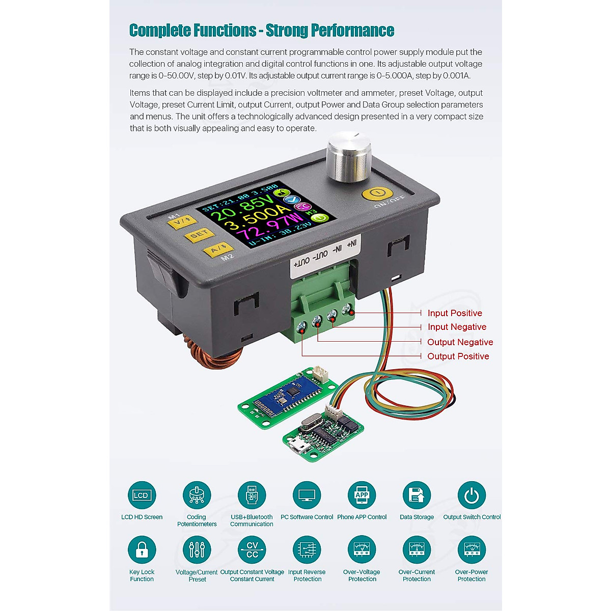 RD DPS5005 USB DC 6-55V to 0-50V 5A Constant DC DC Voltage Current Step-down Power Supply Module Buck Voltage Converter Voltmeter communication(DPS5005-USB-BT)