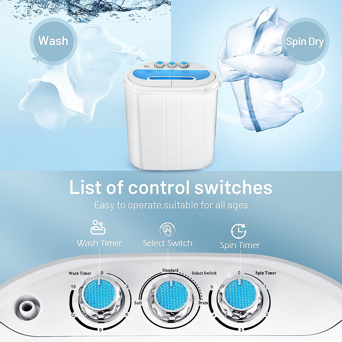 Tiktun Mini Compact Twin Tub XPB30-1288S Portable Washing Machine, White and Sky Blue