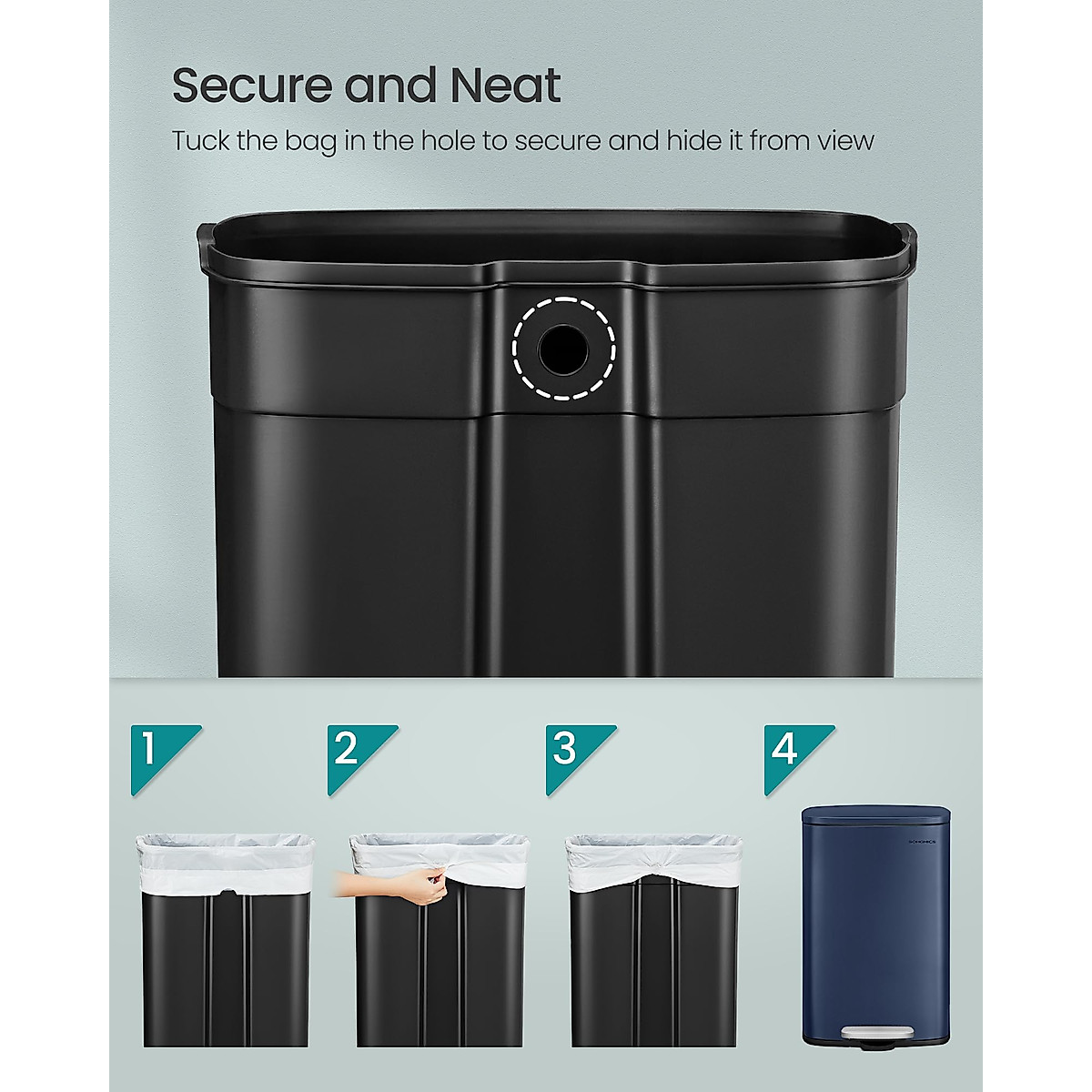 SONGMICS 13 Gallon (50 L) Trash Can, Stainless Steel Kitchen Garbage Can, Recycling or Waste Bin, Soft Close, Step-On Pedal, Removable Inner Bucket, Midnight Blue ULTB050L01