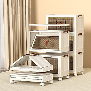 Tykacna 4-Tier Stackable Storage Bin with Lid, Folding Storage Bin with Magnetic Doors and Wheels, 42 QT Per Tier Plastic Closet Organizer, Closet Storage Container for Home and Office.