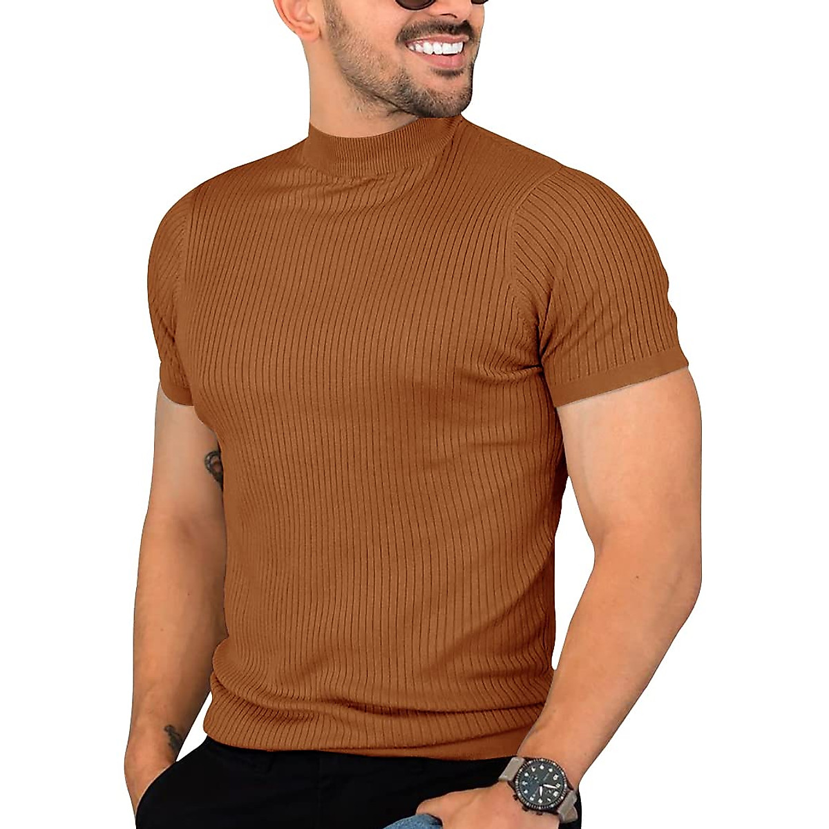 Mens Casual Slim Fit Basic Tops Short Sleeve Shirt Turtleneck T Shirts Rib Knitted Stretch Pullover Sweater
