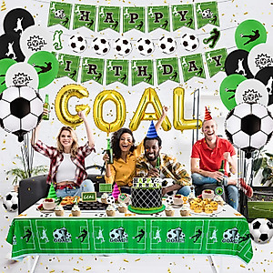Soccer Party Supplies - 3 Set Soccer Themed Happy Birthday Banners, 1 Table Cloth, 10 Cake Toppers and 15 Soccer Theme Balloons Decorations for Kids and Soccer Fans Birthday Party