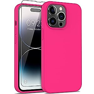 DEENAKIN Compatible with iPhone 14 Pro Max Case with Screen Protector,Soft Flexible Silicone Rubber Cover for Women Girls,Slim Fit Shockproof Protective Phone Case 6.7" Hot Pink