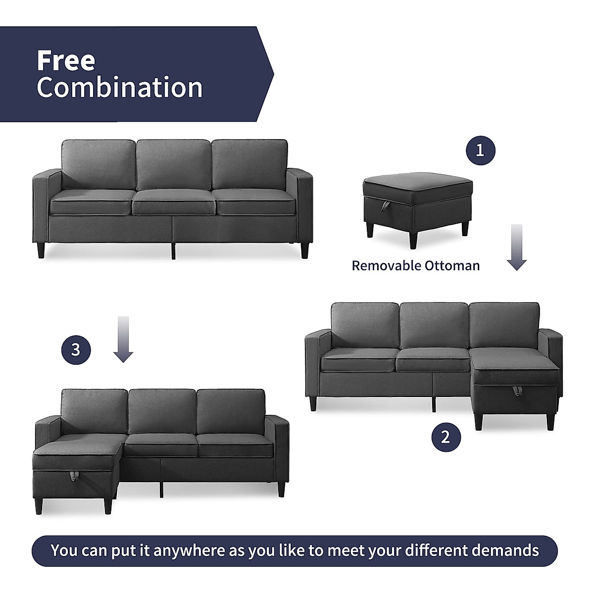 ZAFLY Convertible Sectional Sofa Couches,3 Pcs Couches Set with Storage Ottoman for Living Room,Modular L Shape and Loveseat Sets Including 3 Seat Sofa,Ottoman Loveseat,Dark Grey