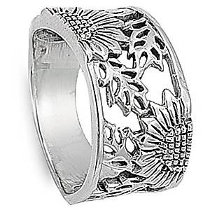 Sterling Silver Women's Sunflower Ring Flower 925 Wide Band 14mm Size 8