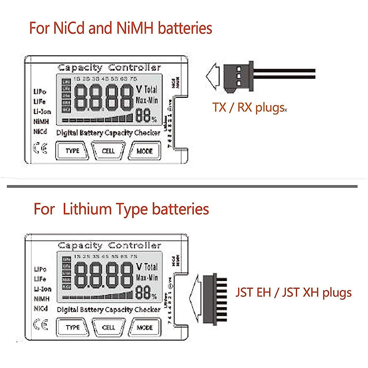 CAMWAY 5PCS 2in1 1-8s Lipo Battery Voltage Tester,RC Low Voltage Buzzer Alarm+ Digital Battery Capacity Tester RC Cellmeter-7 Lipo Battery Tester LCD Battery Checker Controller