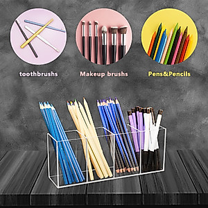 Acrylic Pen Holder 4 Compartments,Clear Pen Holder Organizer Makeup Brush Holder for Office Desk Accessories,Cosmetic Brush Storage Box,Dorm,Bathroom,Kitchen (Clear)
