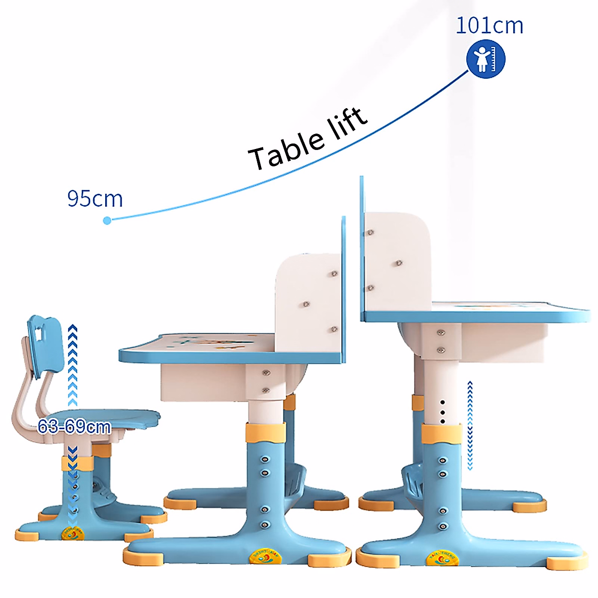 HEVIRGO Children Learning Desk and Chair Set Learning Desk Height Adjustable with Drawer Wide Desktop Cartoon Pattern Table and Chair Set Suitable for Reading, Learning, Writing, Painting, Etc Blue