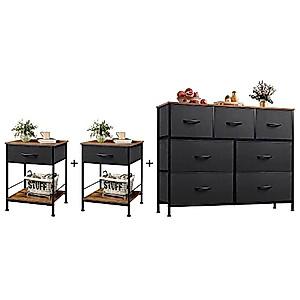 WLIVE 1-Drawer Nightstand and 7-Drawer Dresser Set, Fabric Storage Tower for Bedroom, Hallway, Nursery, Closets, Tall Chest Organizer Unit with Textured Print Fabric Bins, Steel Frame