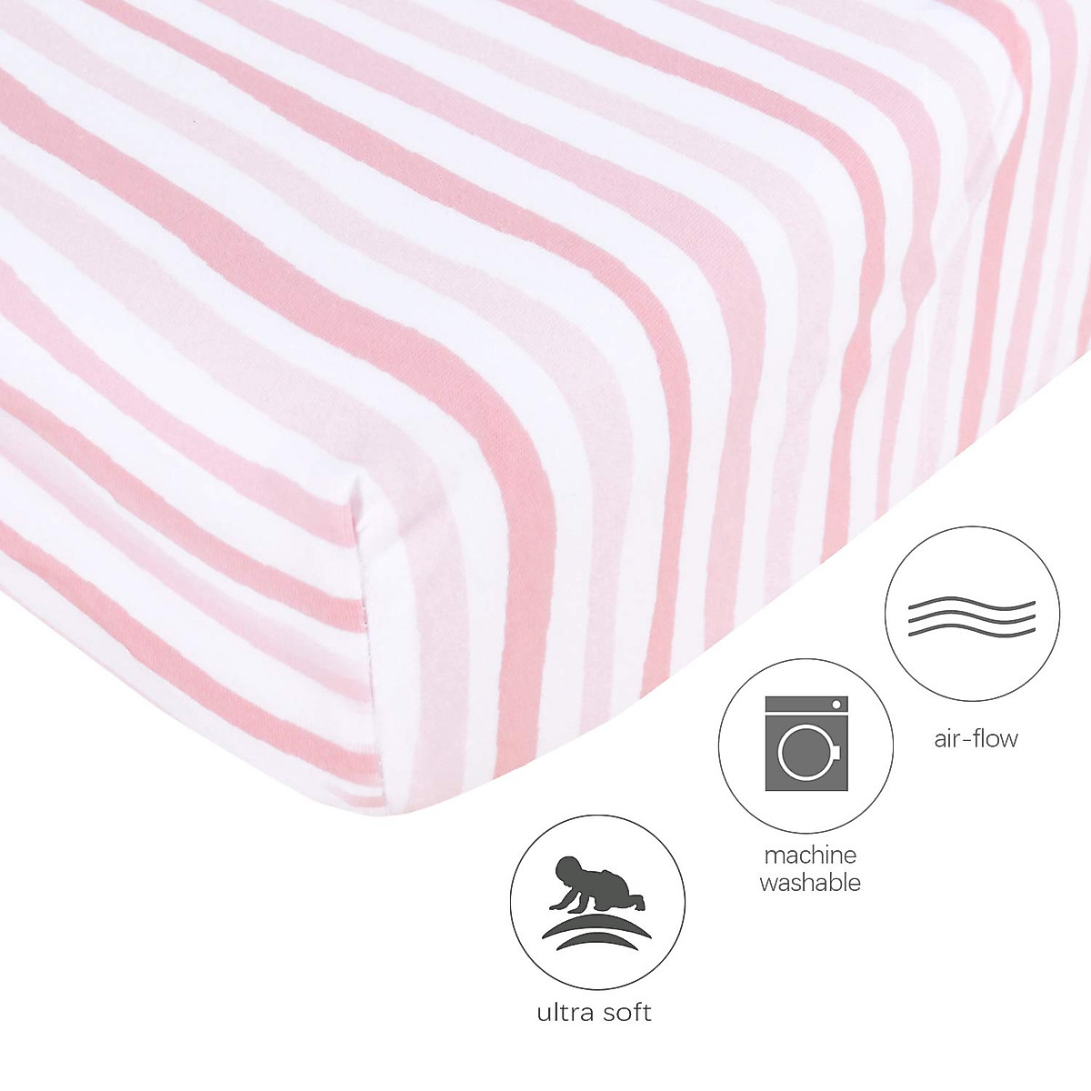 Biloban Crib Sheets Fitted, 2 Pack Crib Sheet Fits for Standard Crib and Toddler Mattress, 100% Jersey Knit Cotton Crib Sheet for Baby Boys & Girl, Pink Heart Stripes