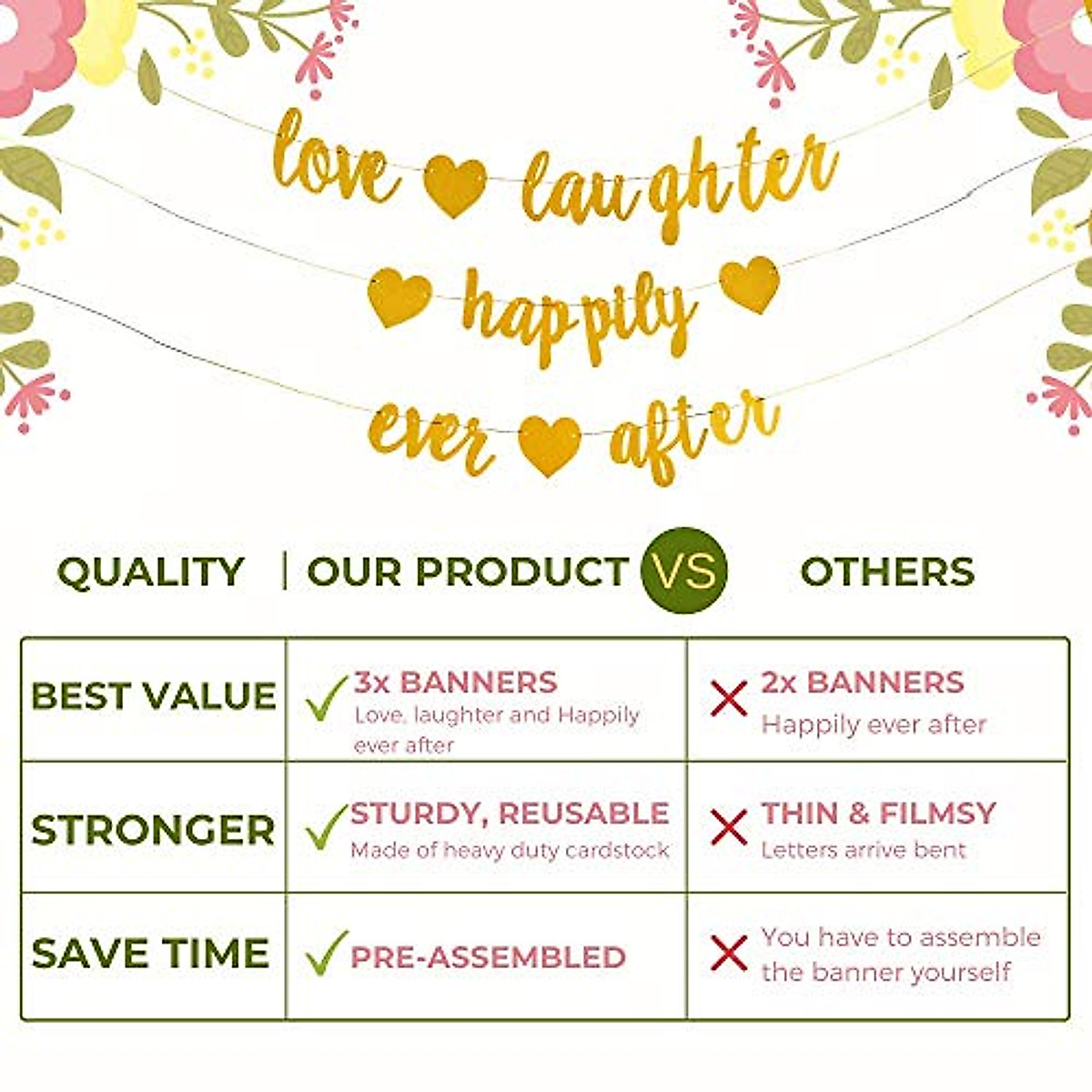 3Pcs Gold Glitter Love Laughter and Happily Ever After Banner - Engagement Party Decorations - Wedding Shower Decorations, Bridal Shower Decor, Wedding Banner & Bachelorette Party Signs (Pre-Strung)