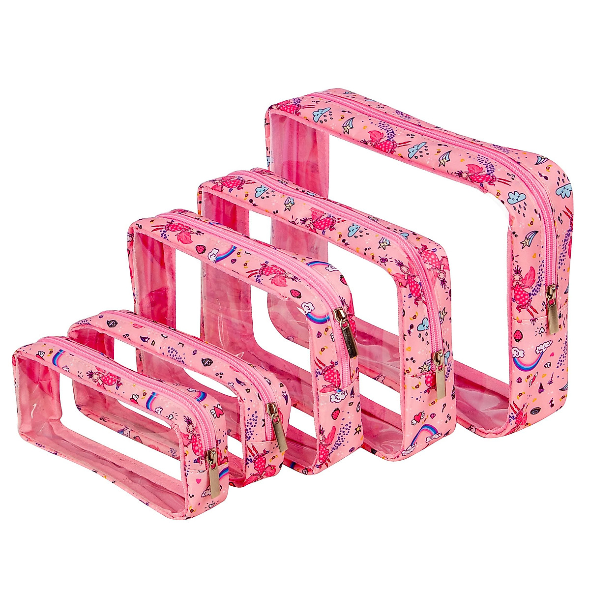 Remobia Hicol TSA Approved 5-Piece Diaper Bag Organizer Pouch Set Clear Waterproof TPU Kids Toiletry Storage Set Travel Packing Clutch Cube Bags for Baby Nursing (Fairy)