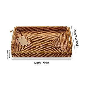Hand-Woven Rattan Rectangular Serving Tray with Handles for Breakfast, Drinks, Snack for Coffee Table (17x11.4x1.8inches)