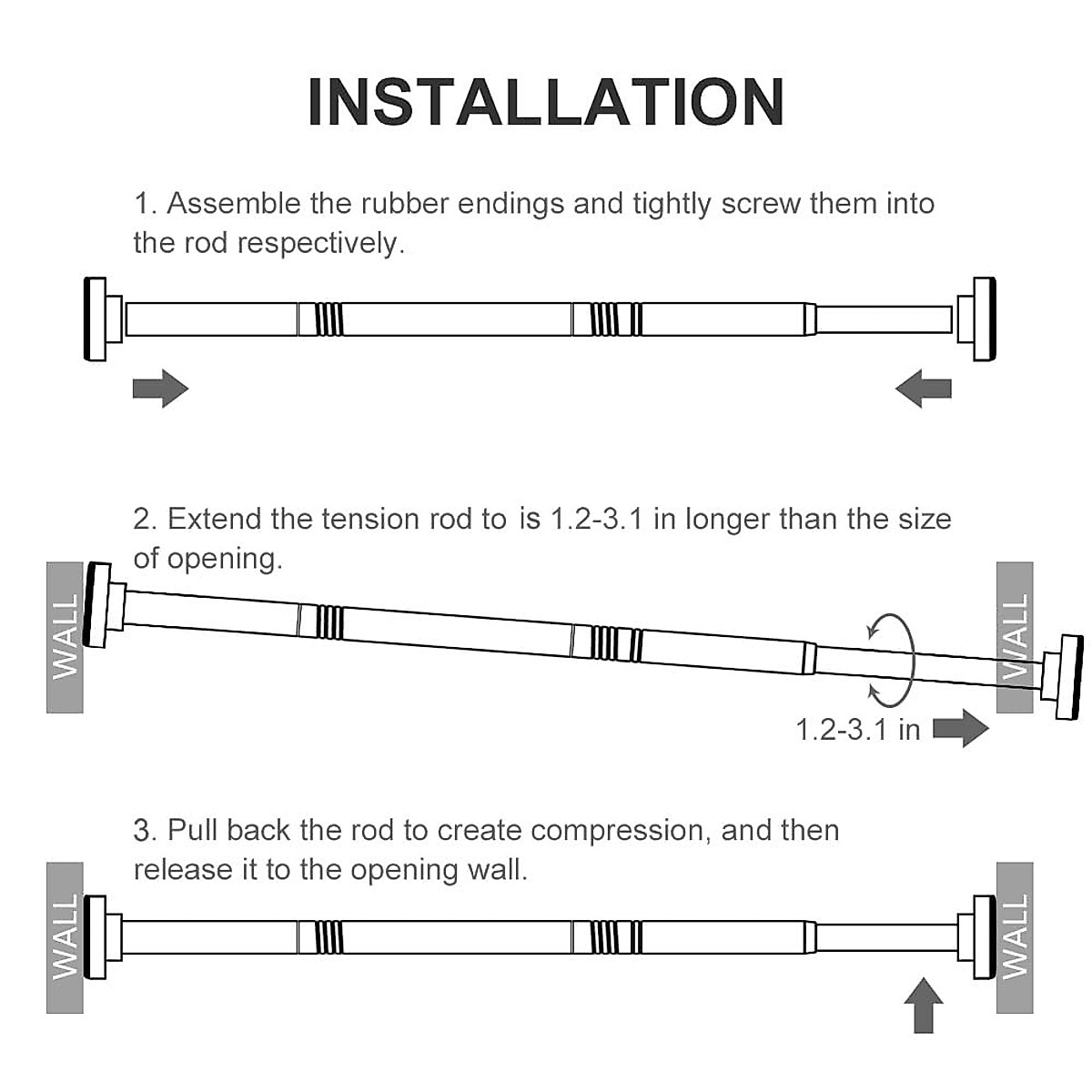 Ausemku Shower Curtain Rod Tension - 40-72 Inch Never Rust Non-Slip Spring Tension Curtain Rod No Drilling Stainless Steel Curtain Rod Use Bathroom Kitchen（Black）