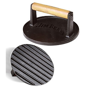 Jim Beam JB0158 Black Cast Iron Burger Press - 7'' Heavy Duty Burger Press with Solid Wood Handle