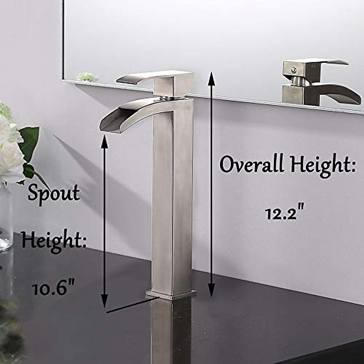 VCCUCINE Modern Vessel Sink Brushed Nickel Tall Waterfall Bathroom Faucet, Single Handle Mixer Vessel Sink Faucet with Pop Up Drain and Two 3/8" Hoses