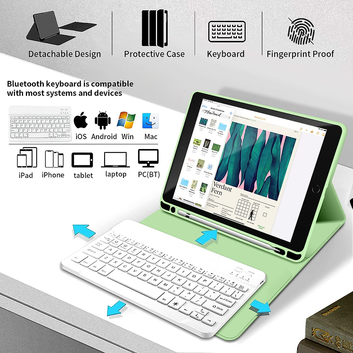 kenke Keyboard Case for iPad 9.7 inch 2018 (6th Gen) / iPad 2017 (5th Gen) / iPad Air 2/1, Lightweight Smart Cover with Pencil Holder, Magnetically Detachable Wireless Keyboard, Green