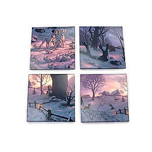 Disney – 101 Dalmatians on The Run – Pongo and Perdita’s Puppies – Thomas Kinkade Studios – Set of Four 4” x 4” Glass Coasters - Comes with Stylish Modern Wooden Coaster – for Gifting and Collecting