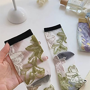 Ballballu Vintage Sheer Socks,Summer Transparent Flower Ankle Socks,Thin Mesh Lace Elastic Jacquard Glass Silk Socks (F-7 Paris)