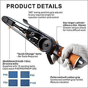 Air Belt Sander 3/4" x 20-1/2" Belt Size Pneumatic Tool with 12pc Belts (#40, 60, 80 & #120), Good for Deburring, Sanding and Finishing (3/4" x 20-1/2" Sander)