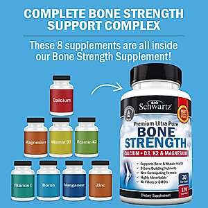 Bone Strength Calcium Supplement - With Calcium, Vitamin D3, K2, C, Magnesium, Zinc - 8 Bone-Building Nutrients, High Absorption, Non-Constipating Formula - 120 Veggie Capsules for Optimal Bone Health