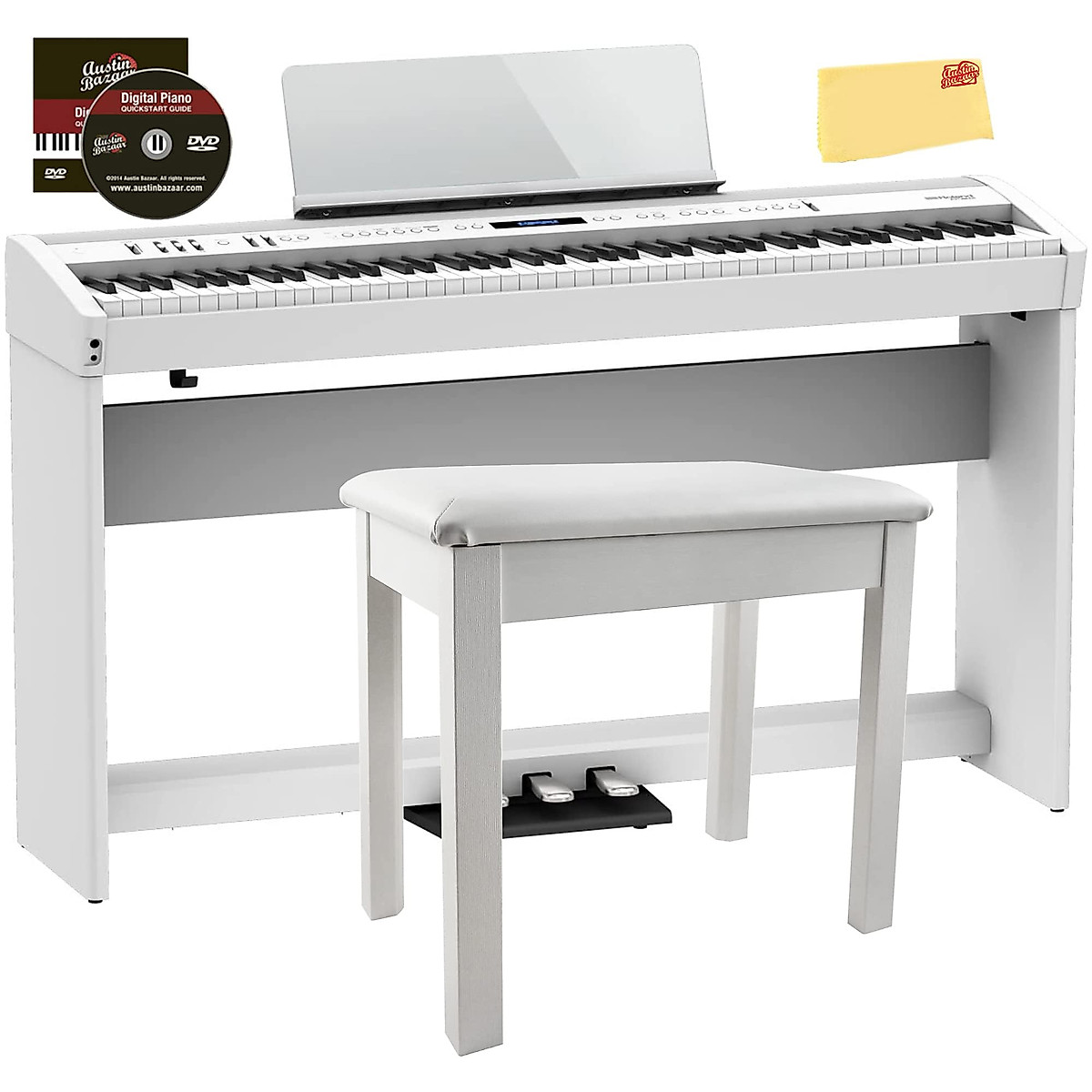 Roland FP-60X 88-Key Digital Piano - White Bundle with Roland KSC-72 Stand, Roland KPD-90 Three Pedal Unit, Bench, Instructional DVD, Online Piano Lessons, and Austin Bazaar Polishing Cloth