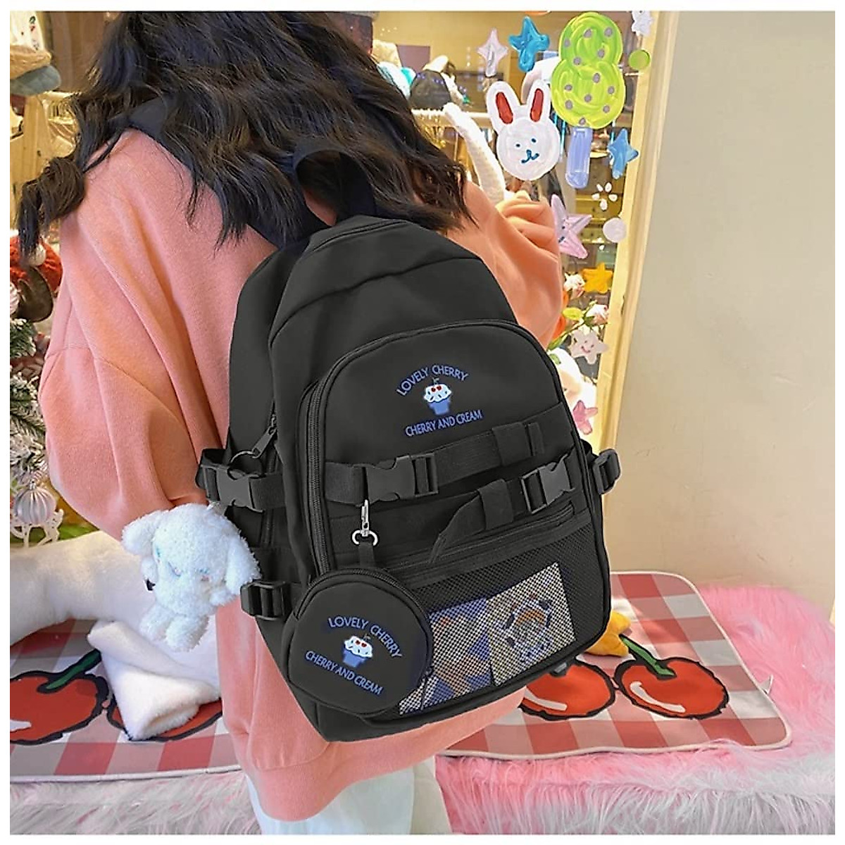 JHTPSLR Aesthetic Backpack with Purse and Plushies Cute Kawaii Backpack with Accessories Japanese Backpack Teen Girls Back to School Supplies (Black)