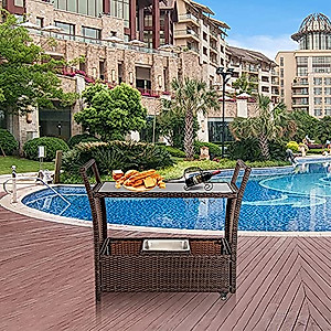 LIRUXUN Outdoor Patio Furniture Set Outdoor Patio Wicker Rattan Serving Bar Cart with Ice Bucket Wine Rack Brown