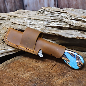 WHISKEY BENT HAT CO. Bullcutter 3 Fixed Blade Knife Damascus Steel, w/Leather Sheath, 3.5" Blade, 7" Overall Length (Spring Branch)