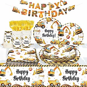 Lopeastar 127Pcs Construction Birthday Party Supplies Plates Set, Construction Party Decorations Excavator Plates Napkins Cups Forks Tablecloth and Happy Birthday Banner for 25 Guests