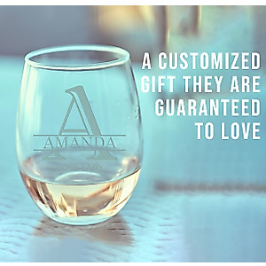 Personalized Etched 17oz Stemless Wine Glass Tumbler, Halpert Monogram – Unique Customized Gifts for Women – Custom Gifts for Grandma – Wine Lover Gifts - Bridesmaid Gifts for Her, glasses