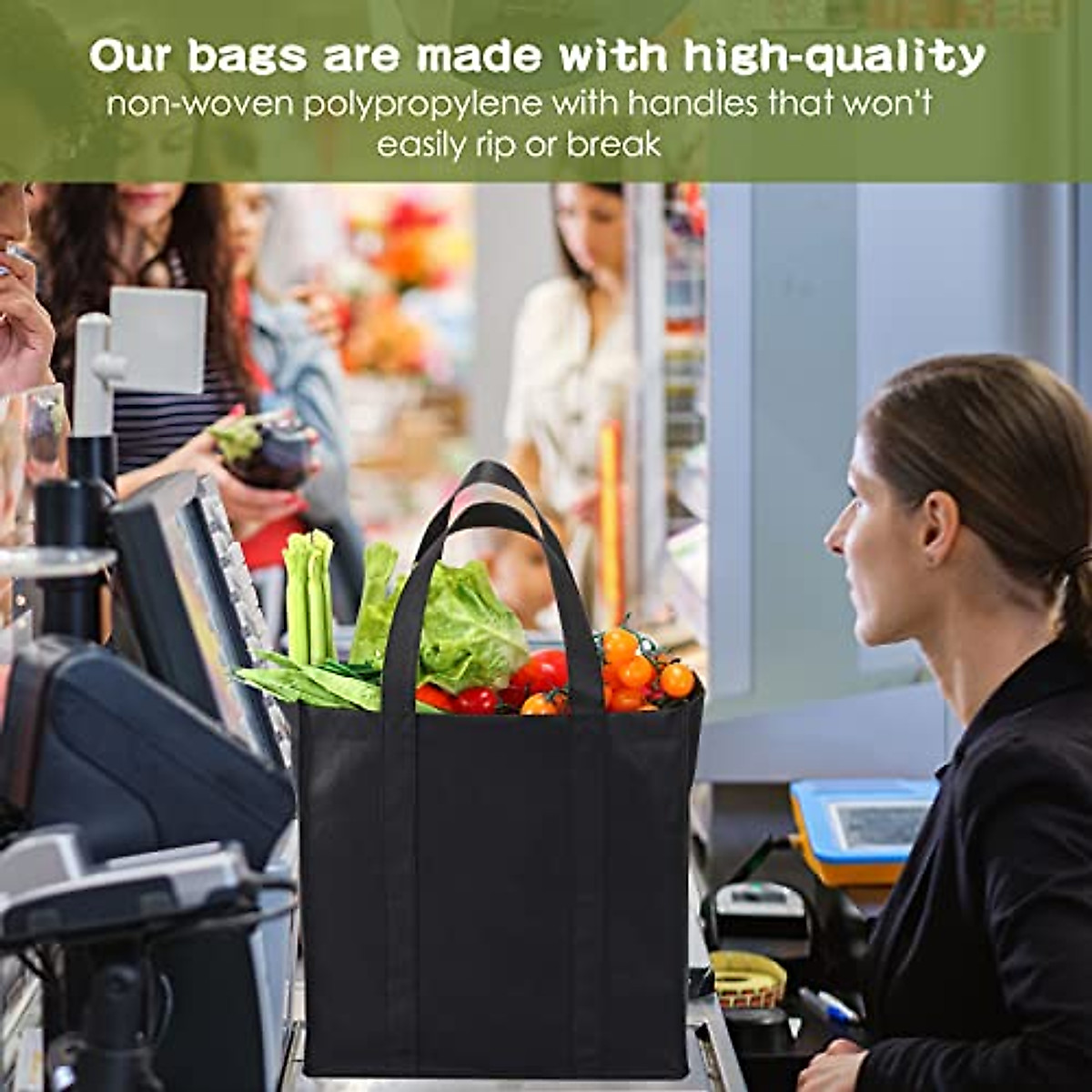 Kenning 20 Pack Reusable Grocery Bags Large Heavy Duty Shopping Bags Foldable Grocery Tote Bag with Reinforced Bottom and Sturdy Handles for Shopping Merchandise Events Parties, Black