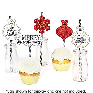 Big Dot of Happiness Red and Gold Friendsmas - Paper Straw Decor - Friends Christmas Party Striped Decorative Straws - Set of 24