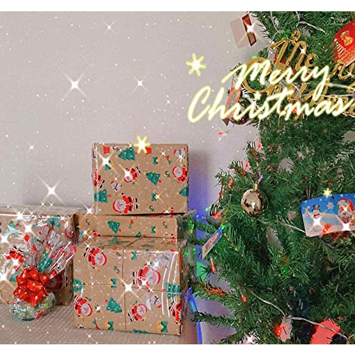 shareluck 100ft x 31.5’’ Christmas Cellophane Wrap Roll - Xmas Cellophane Wrap for Christmas to Wrap Gift Basket, Treat, Wine, Party Decoration. (31.5 Fold into 16”)