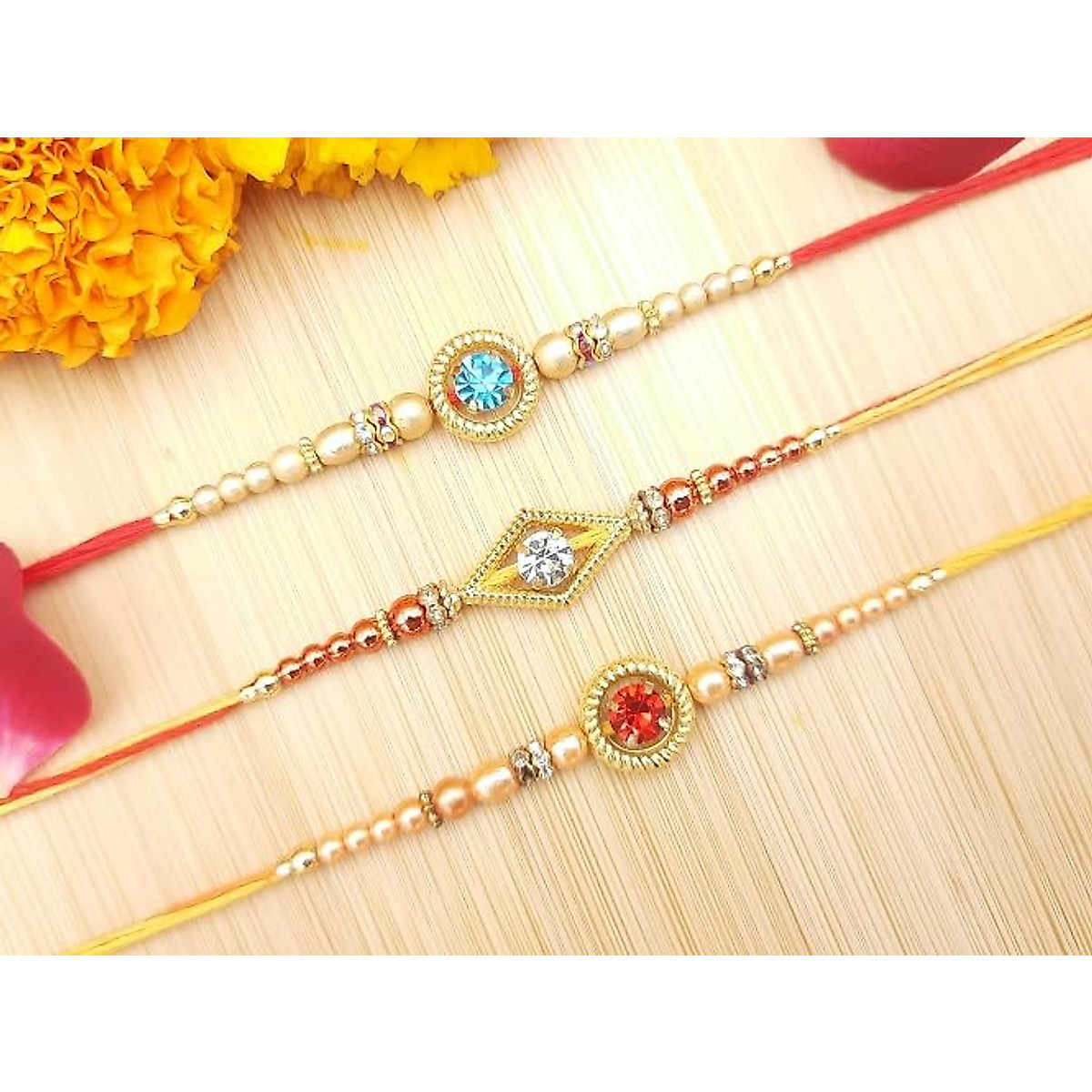 Palak Global Rakhi bracelet, Wrist Band. Fancy Rakhi three unique beautiful stones. Rakhi a best gift celebration with your Brother, Bhabhi/Sibling, Sister,beads and stone., stone