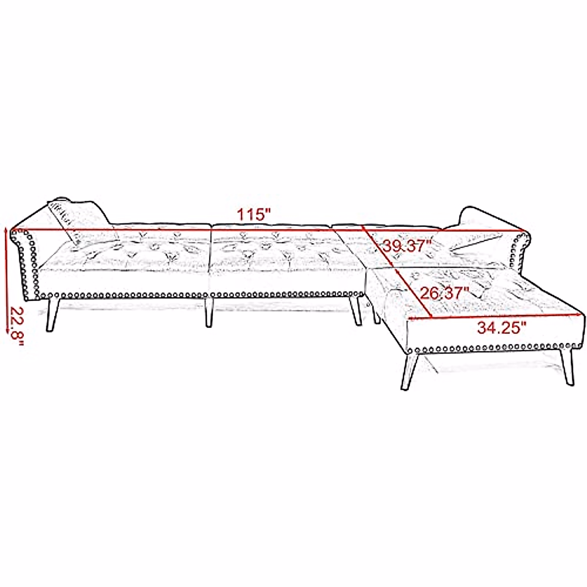 DERCASS Convertible Bed L-Shape Chaise Sectional Sleeper Button Tufted Sofa Velvet with Pillows Reversible Couch for Living Room (Black Sofa), W223S008SOFA