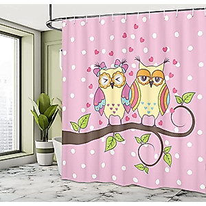 Ambesonne Owls Shower Curtain, Owls in Love on Branch Polkadots Leaves Hearts Romance Theme, Cloth Fabric Bathroom Decor Set with Hooks, 69" W x 70" L, Pale Yellow Apple Green